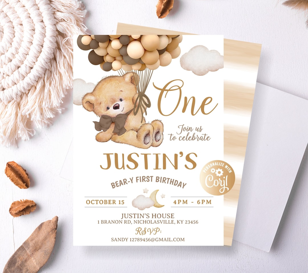 Bear Birthday Invitation Brown, Beary First Birthday Party Invites, Boy ...