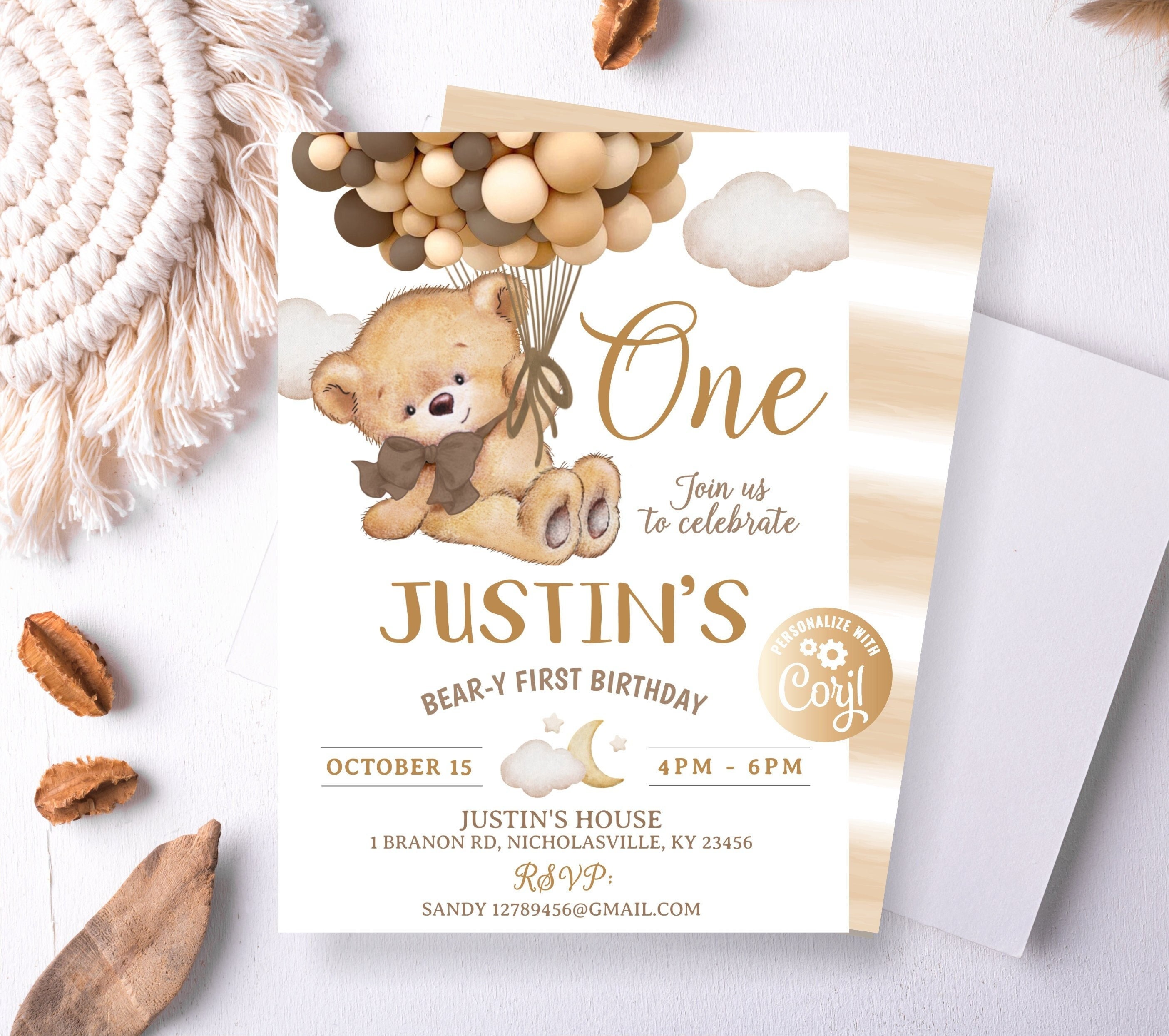Bear Birthday Invitation Brown, Beary First Birthday Party Invites, Boy ...