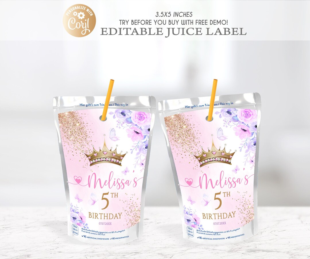 EDITABLE Princess Juice Labels Birthday, Royal Water Juice Cup, Pink ...