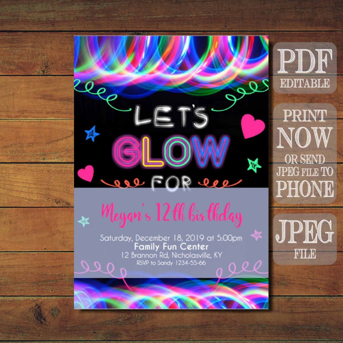 Glow Invitation Girl Neon Glow Birthday Invitation Glow - Etsy