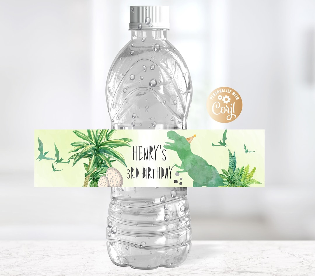Editable Dinosaur Bottle Label, for Boy, Dino T-rex Birthday Water ...