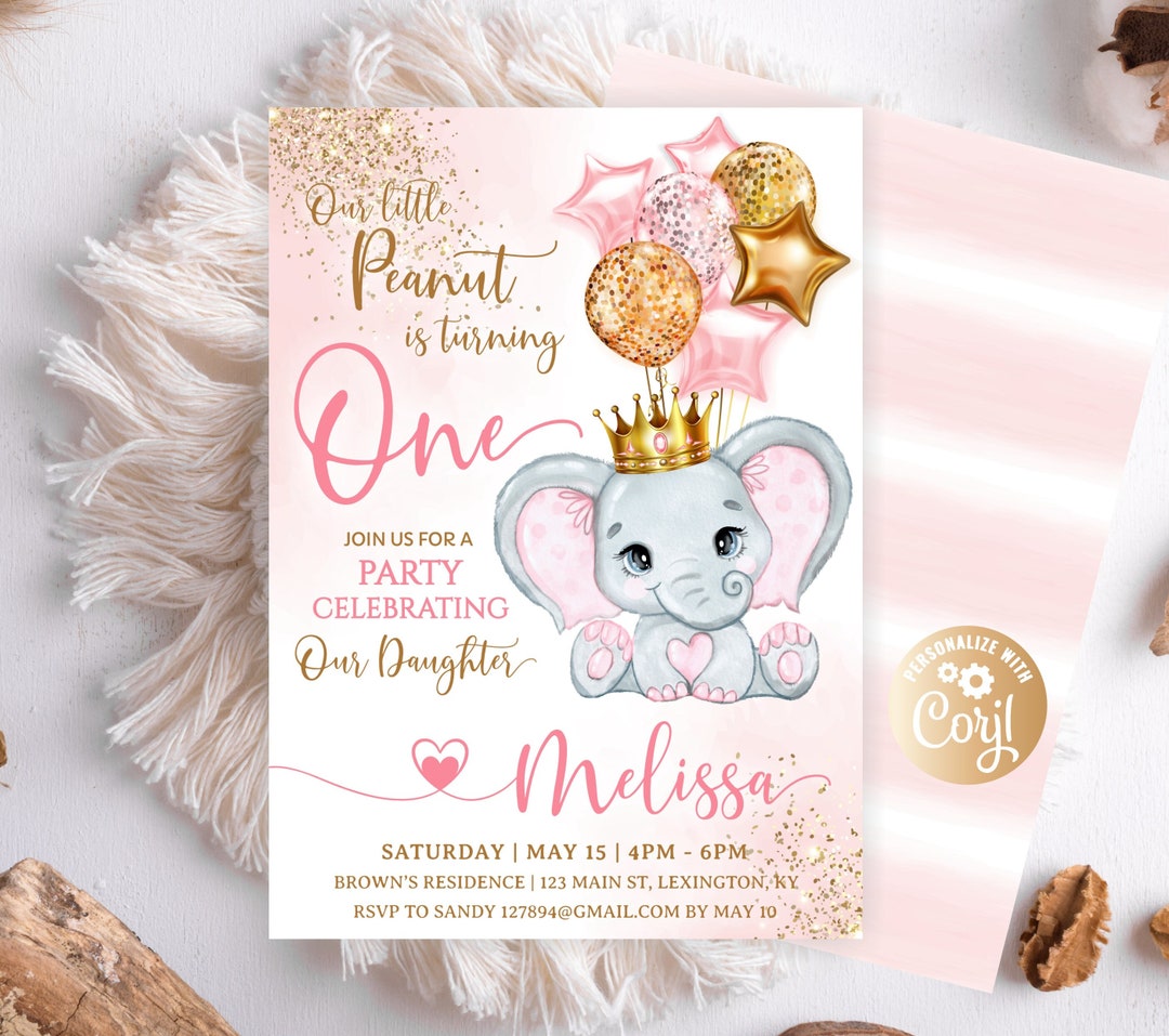 Editable Girl Elephant Birthday Invitation, Pink Baby Elephant Invite ...