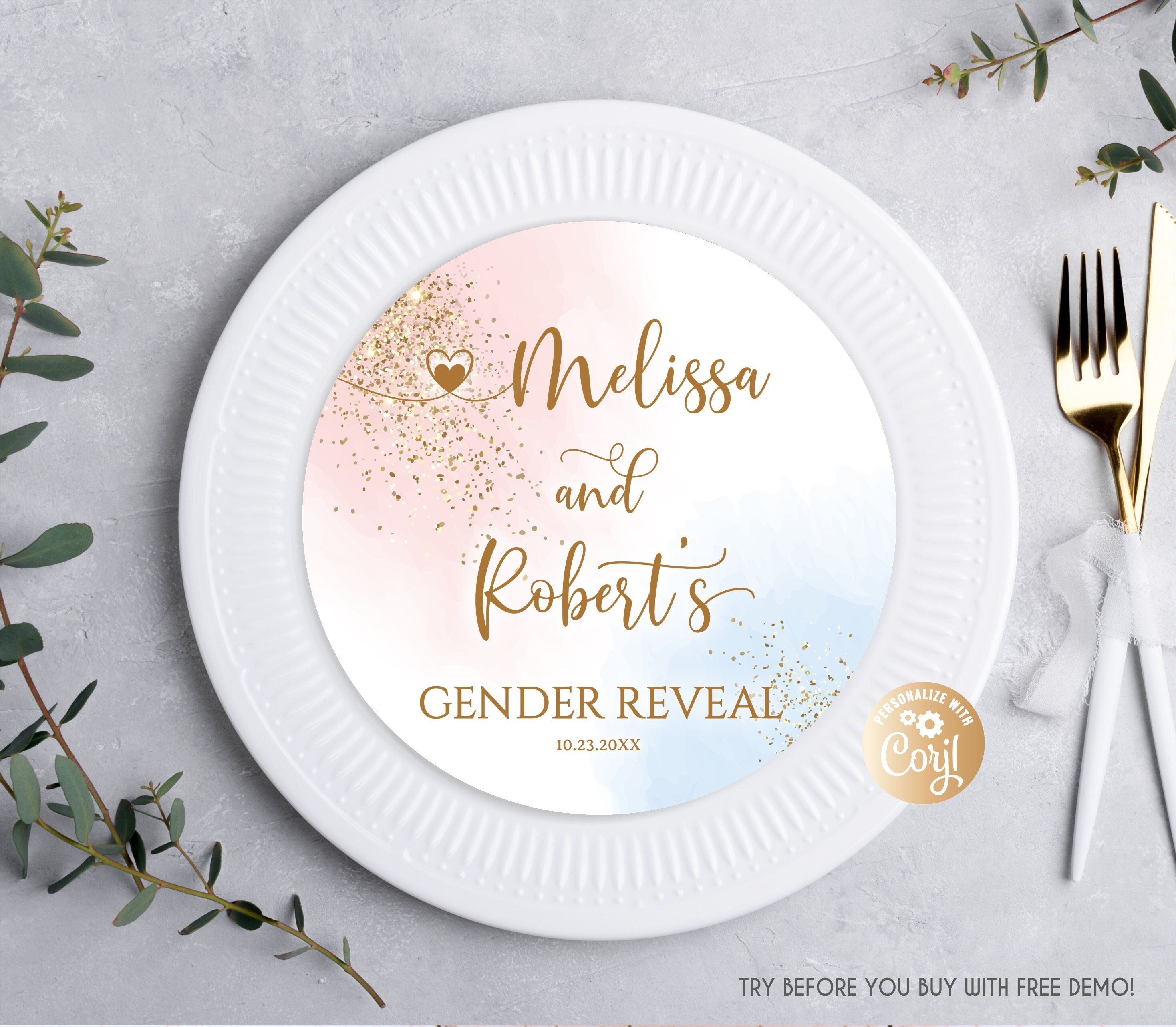 Editable Gender Reveal Charger Plate Insert He or She Reception Dinner ...