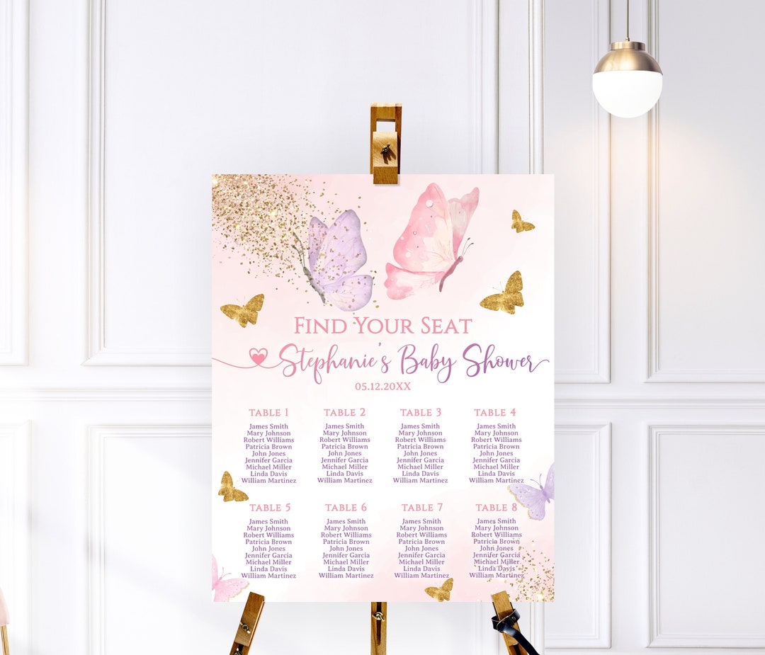 Editable Butterfly Pink Purple Find Your Seat Baby Shower Sign ...