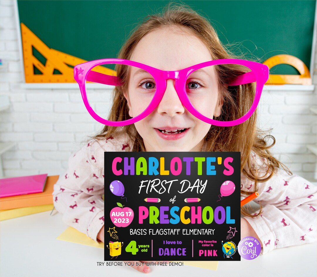 Editable First Day of Preschool Sign Girl, Last Day Preschool Sign Girl ...