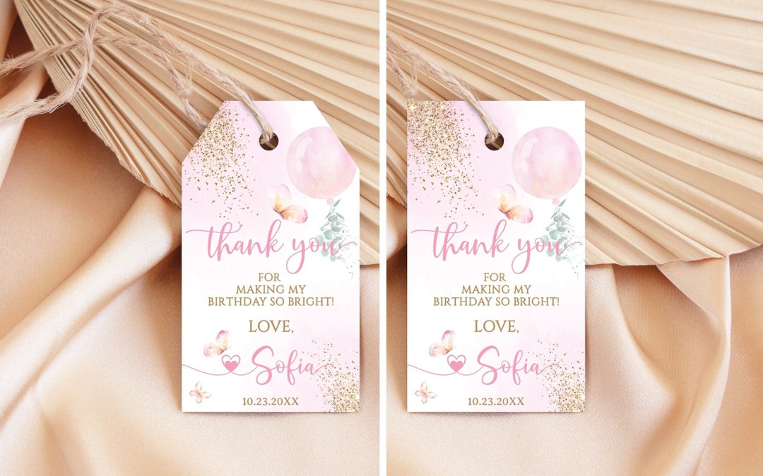 Editable Pink Balloon Girl Birthday Thank You Tags Favor Tags Printable ...