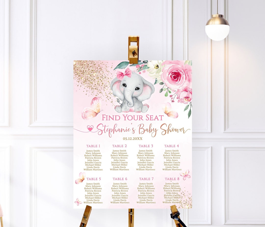 Editable Elephant Rose Hot Pink Find Your Seat Baby Shower Sign ...