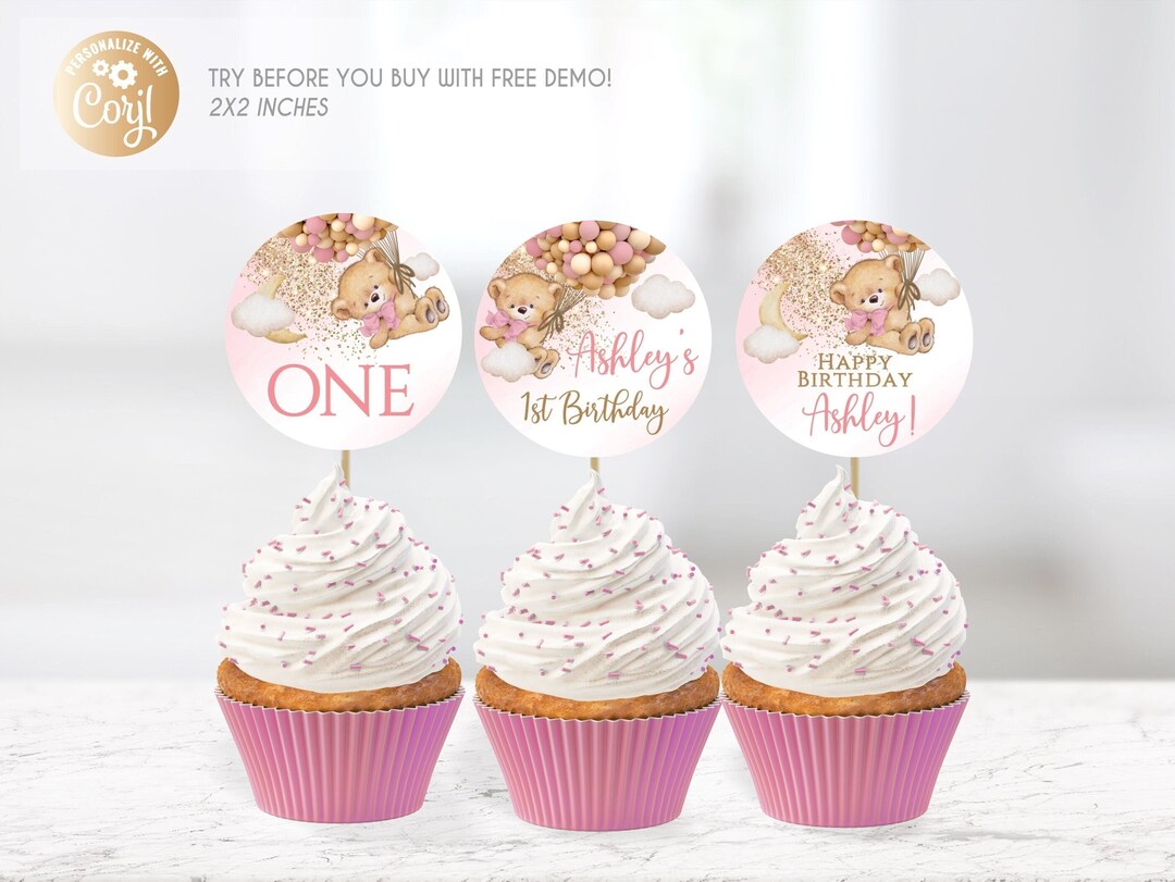 Editable Cupcake Bear Birthday Pink Gold Print Birthday Circle, Bear ...