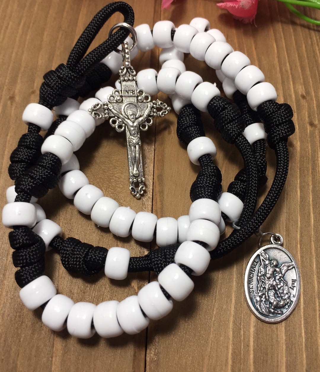 Saint Michael Rosary | White Acrylic Beads, Black Paracord - Etsy