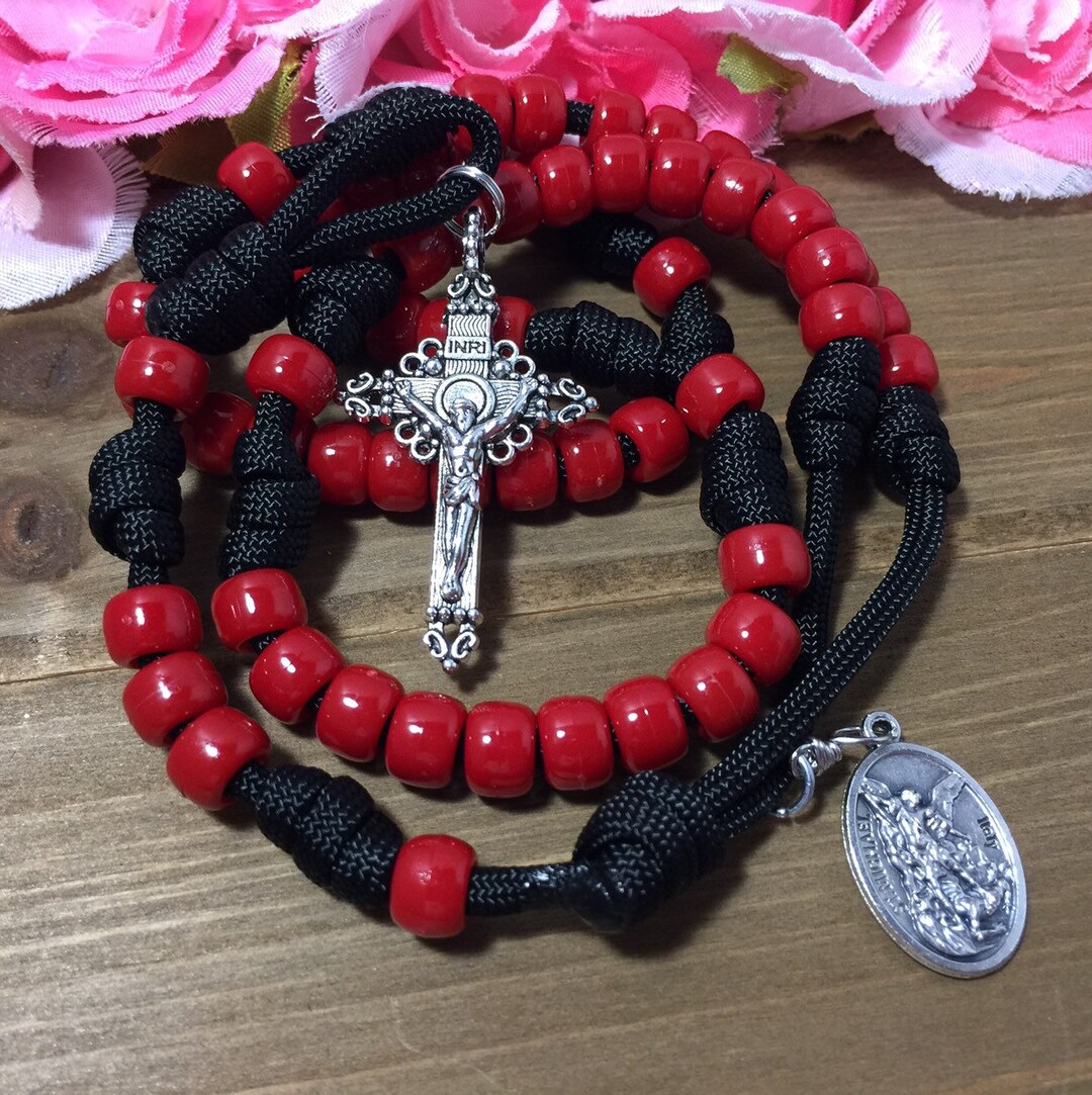 Saint Michael Rosary | Red Acrylic Beads, Paracord Rosary | Handmade - Etsy
