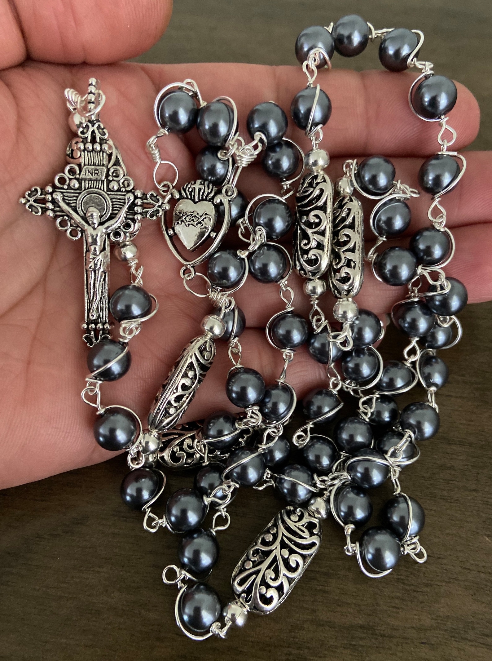 Sacred Heart of Jesus Catholic Rosary, Gray Beads Rosary - Handmade - Etsy