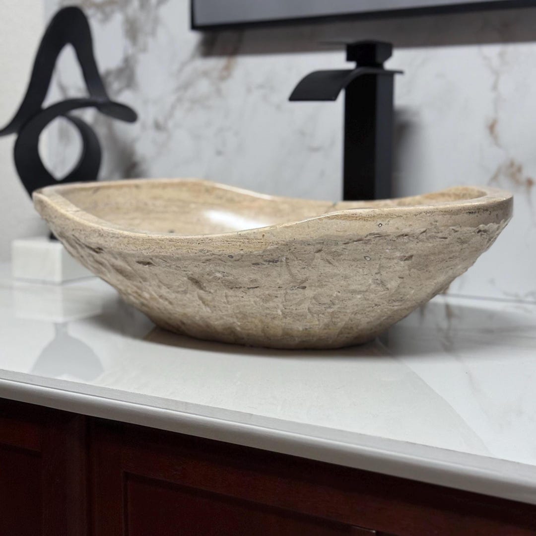 Hand-carved Oval Travertine Vessel Sink Chiseled Tan Stone Basin - Etsy