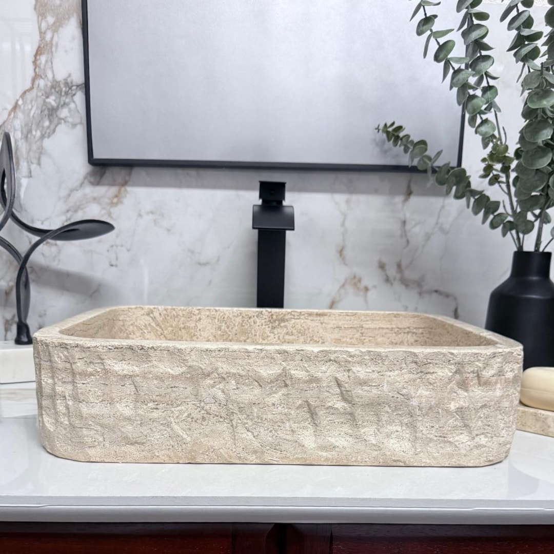 Rectangular Travertine Vessel Sink - Handmade Natural Stone Bathroom ...