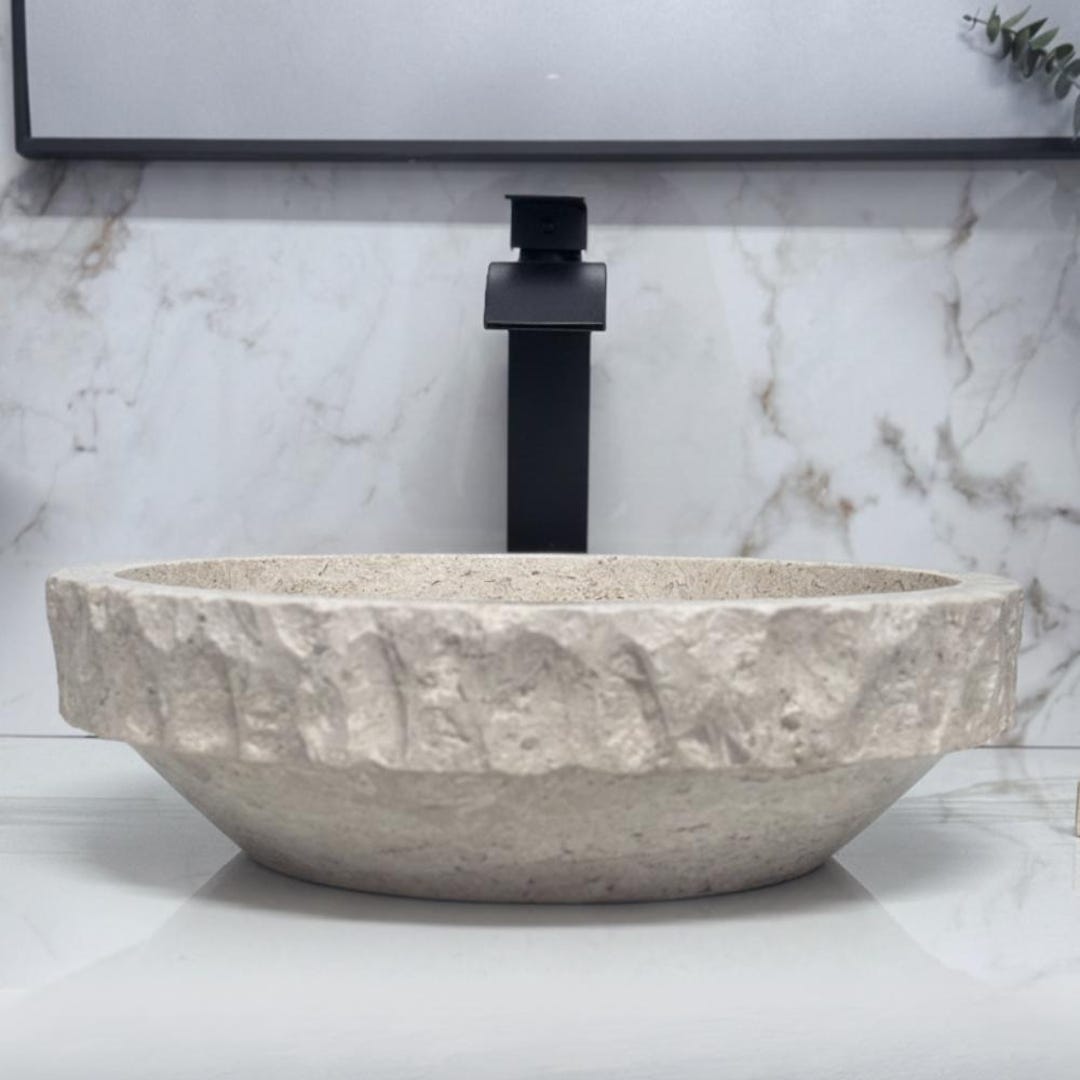 Round Travertine Vessel Sink - Handmade Natural Stone Basin - Polished ...