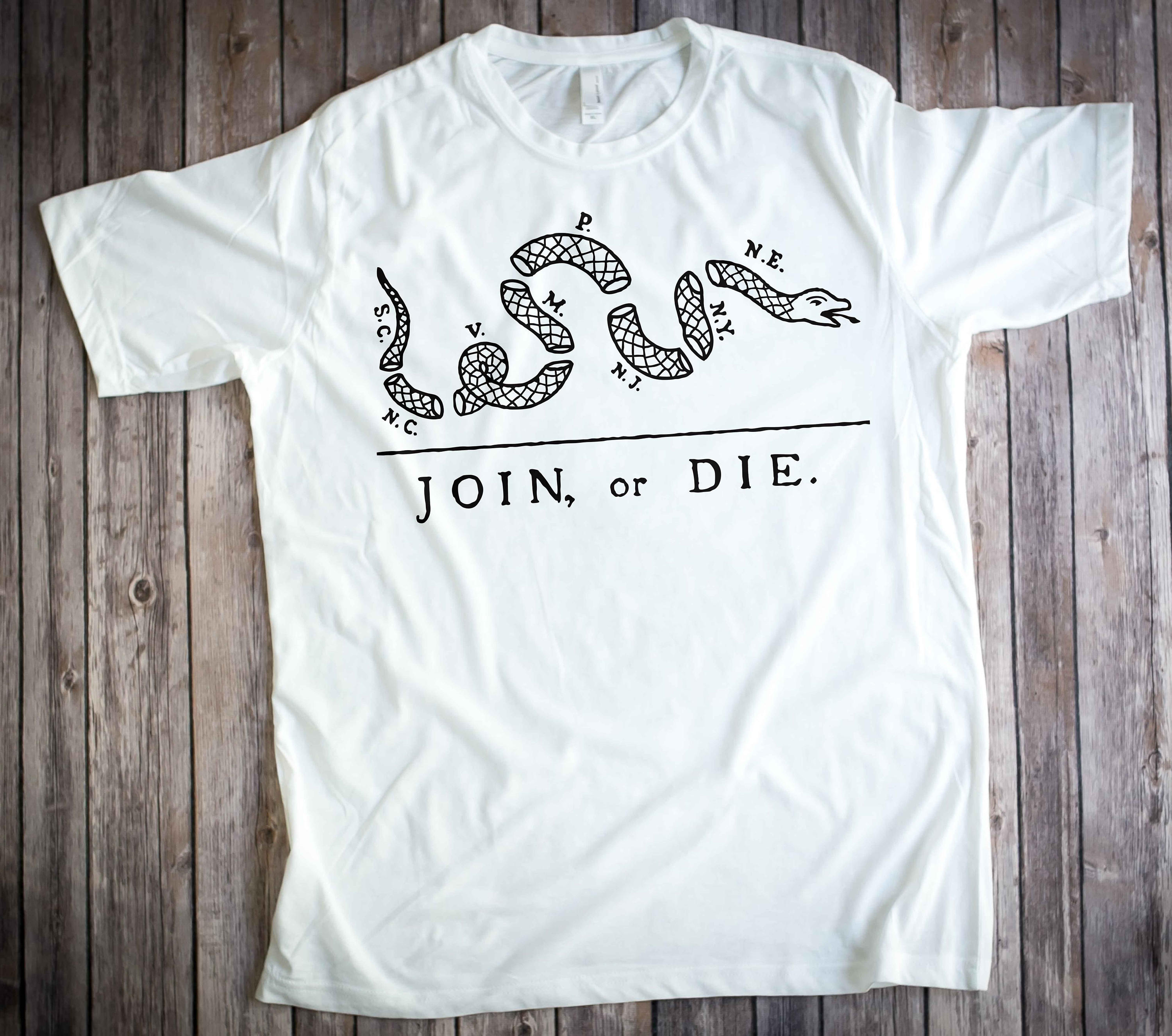 Join or Die Shirt - Benjamin Franklin Political Cartoon - Rattlesnake ...