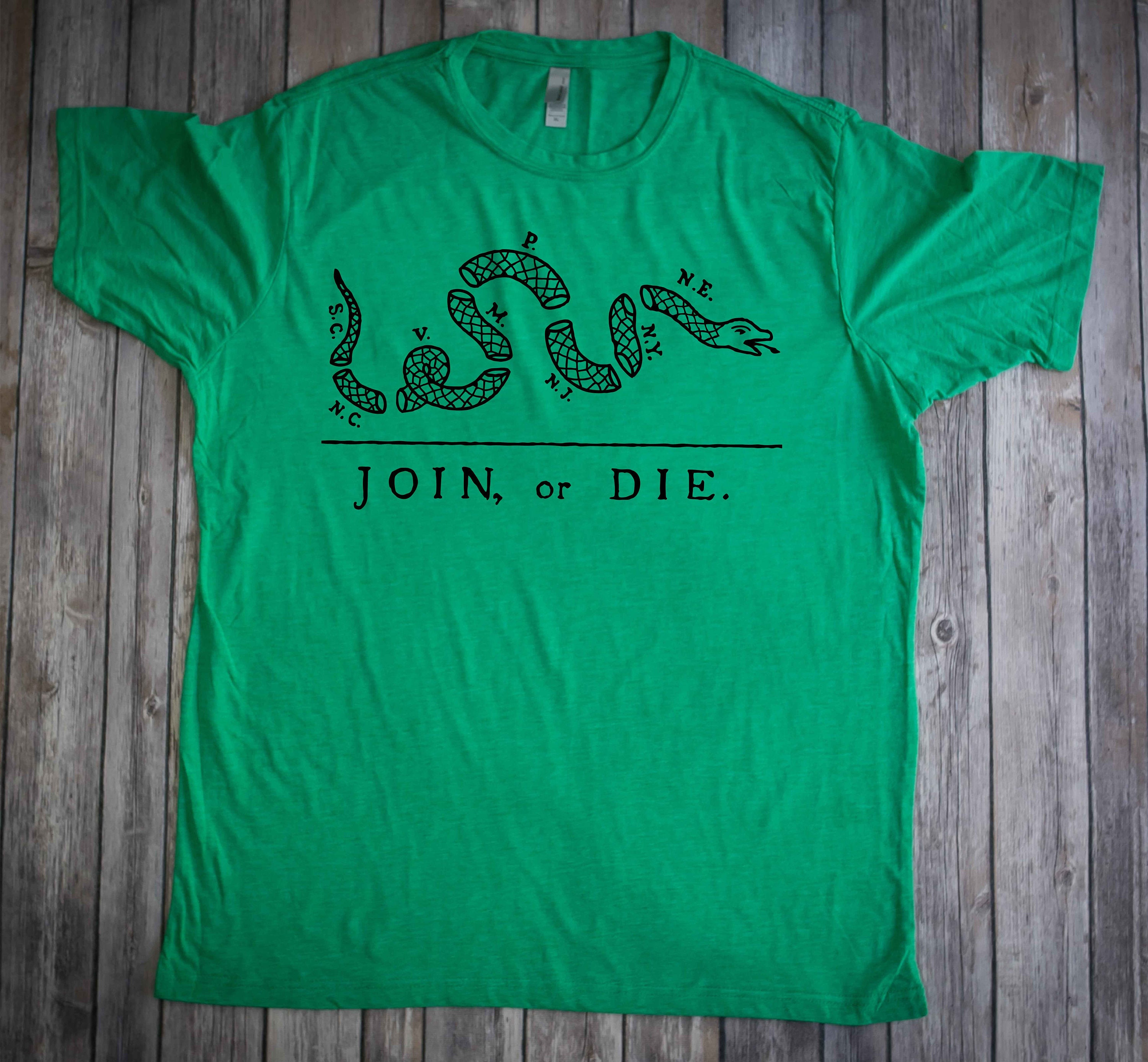 Join or Die Shirt - Benjamin Franklin Political Cartoon - Rattlesnake ...