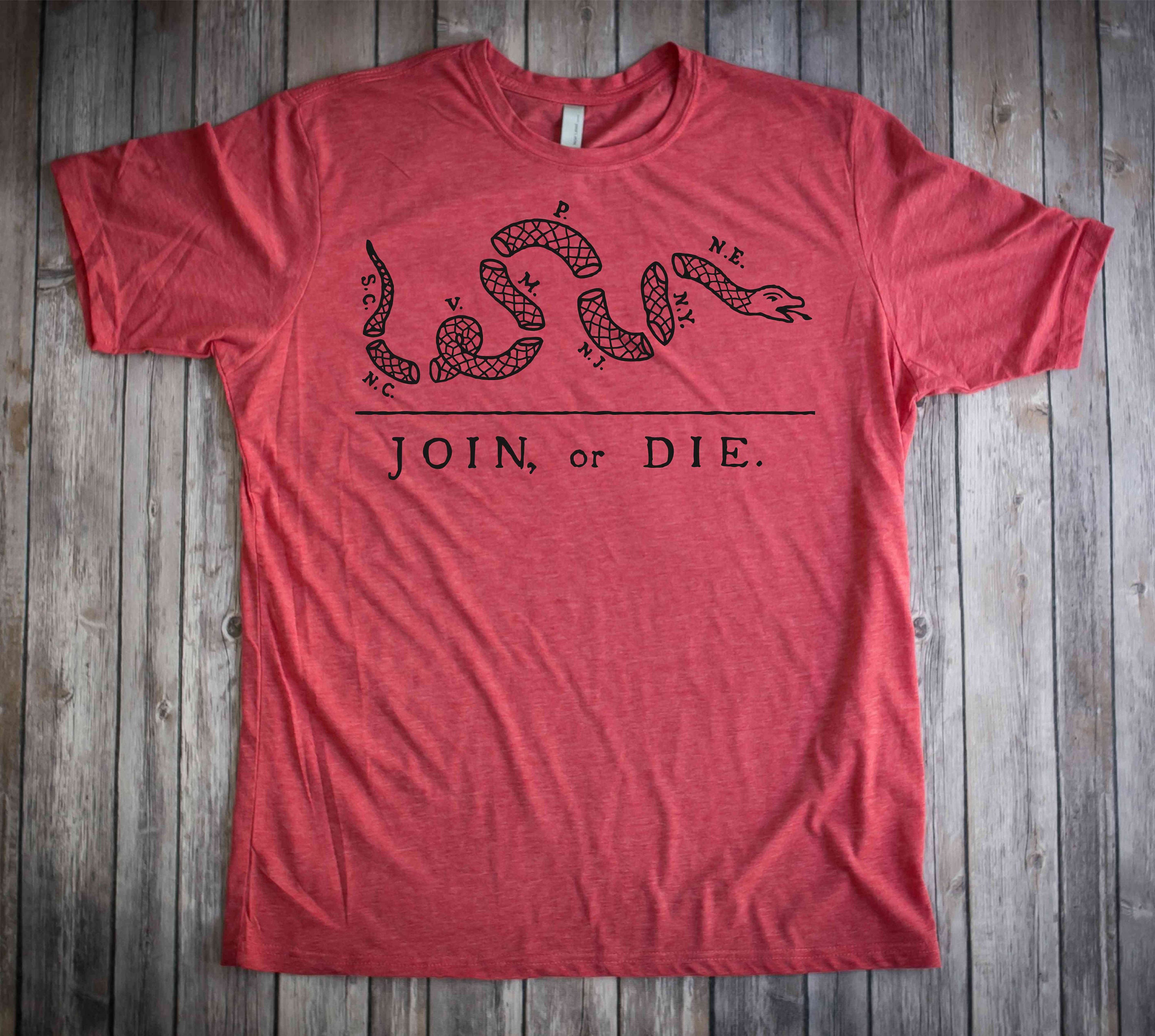 Join or Die Shirt - Benjamin Franklin Political Cartoon - Rattlesnake ...