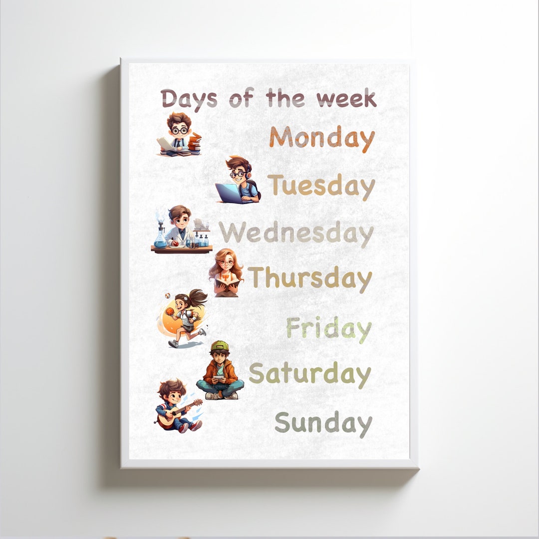 Days of the Week Printable, A3, A4, A5 Size. Poster Days of the Week ...