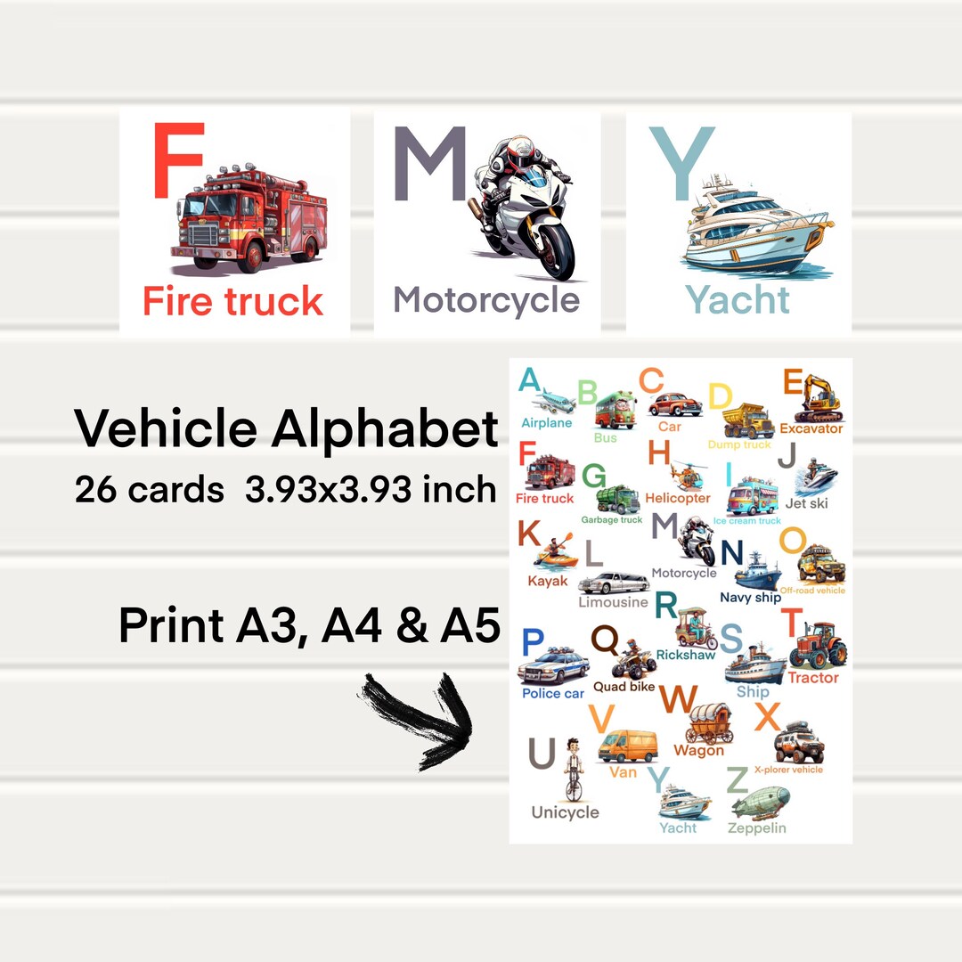 Alphabet Preschool Activity Flashcards With Vehicles, Alphabet Flash ...