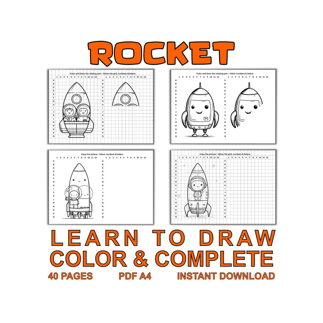 Rocket Coloring Pages, Learn to Draw Grid, Complete Drawing, Grid ...
