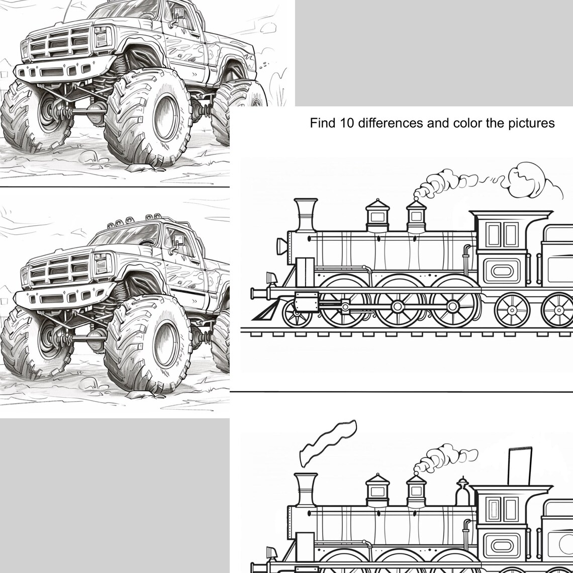 Spot the Difference Vehicles Coloring Pages for Kids (PDF) - Etsy