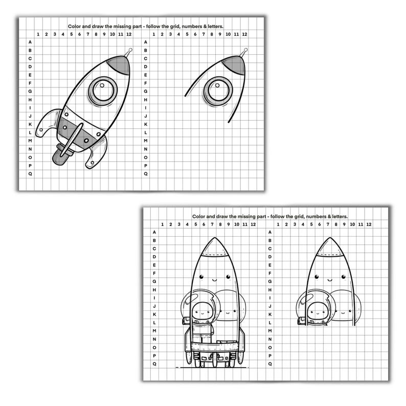 Rocket Coloring Pages, Learn to Draw Grid, Complete Drawing, Grid ...