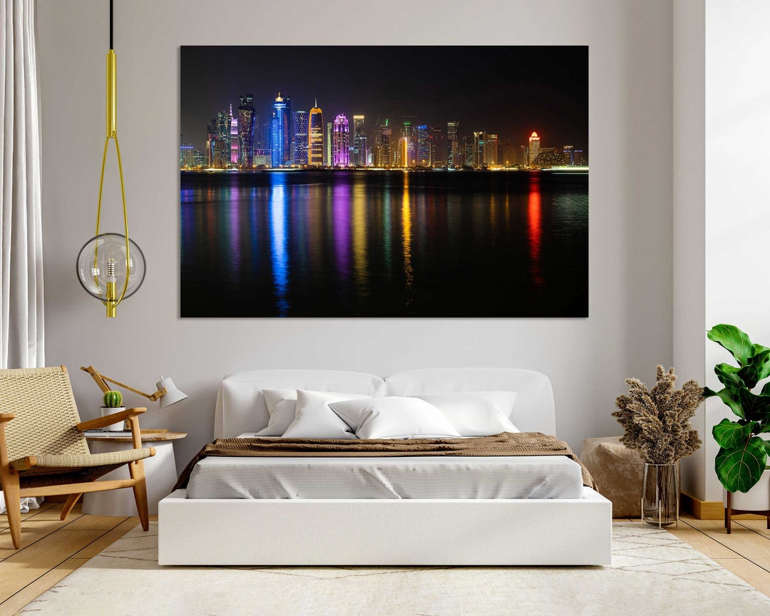 Night Doha Skyline Decor for Home, Colorful Doha Painting for Wall ...