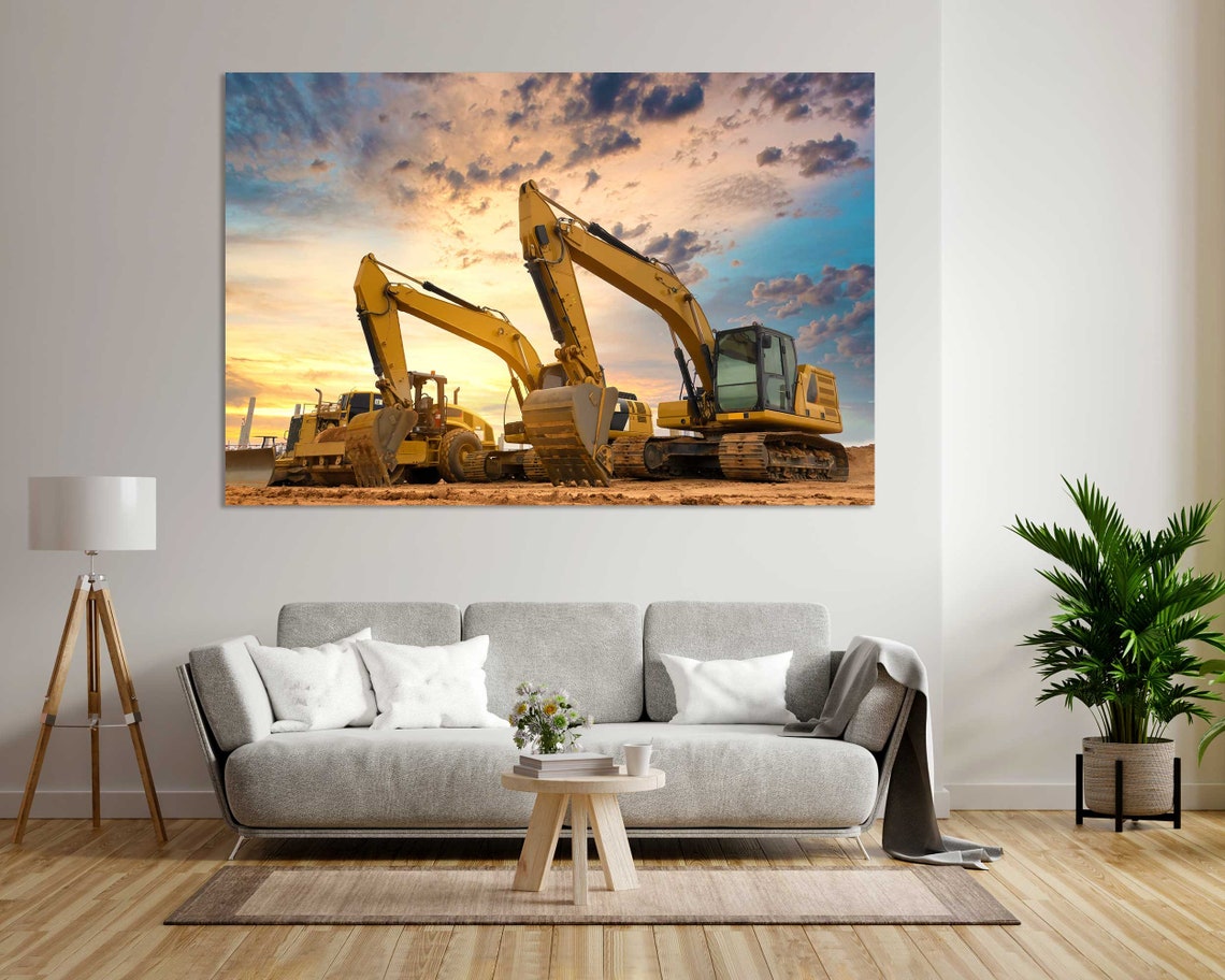Excavators at Construction Site Office Wall Decor, Business Artwork for ...