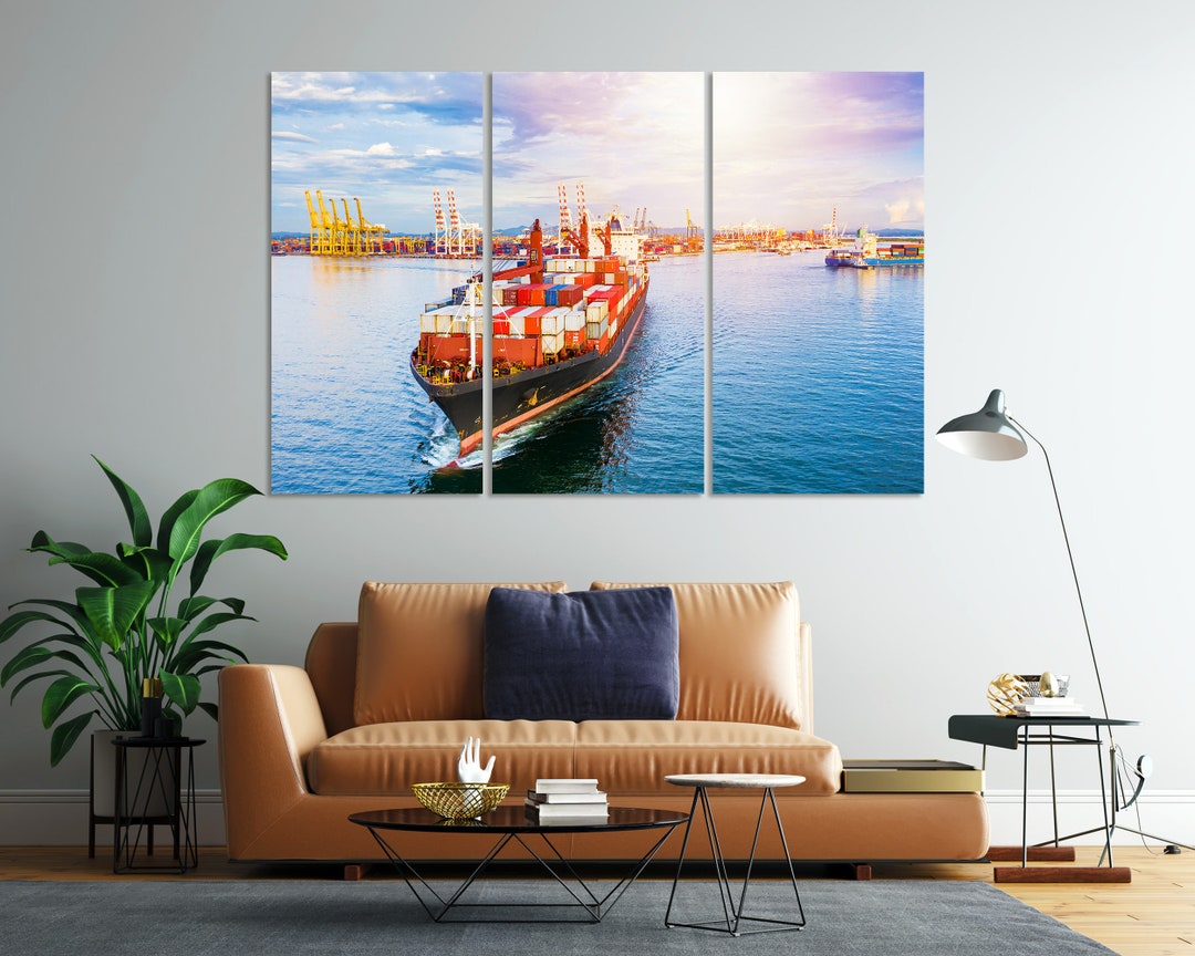 Container Ship Arriving in Commercial Port at Sunset Pictures Print on ...