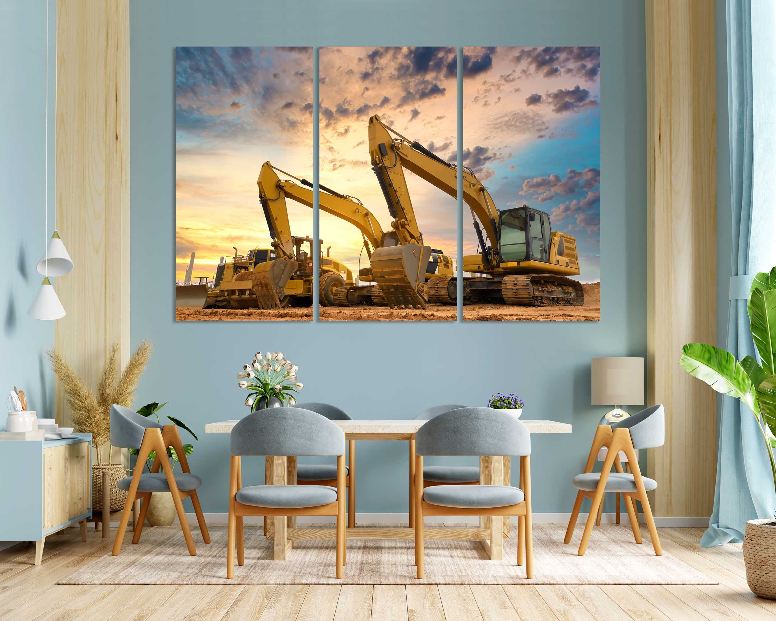 Excavators at Construction Site Office Wall Decor, Business Artwork for ...