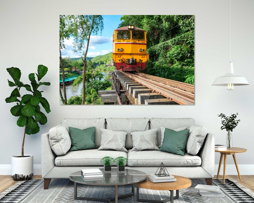 Ancient Train Running on Wooden Railway Print Decor for Wall, Yellow ...