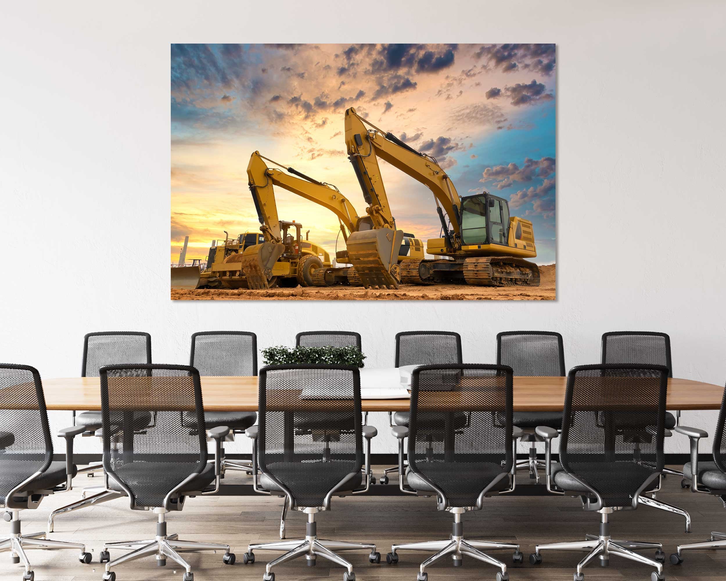 Excavators at Construction Site Office Wall Decor, Business Artwork for ...
