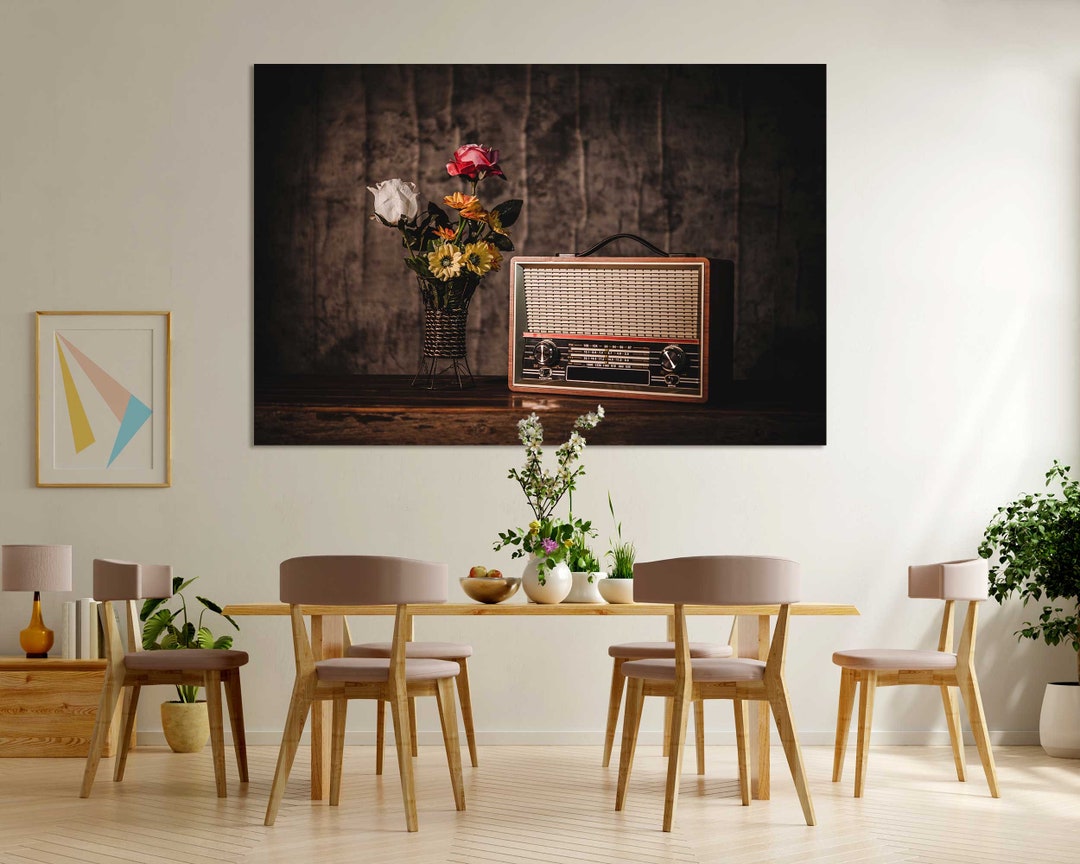 Still Life With a Retro Radio Receiver and Flowers Vase Original Art ...