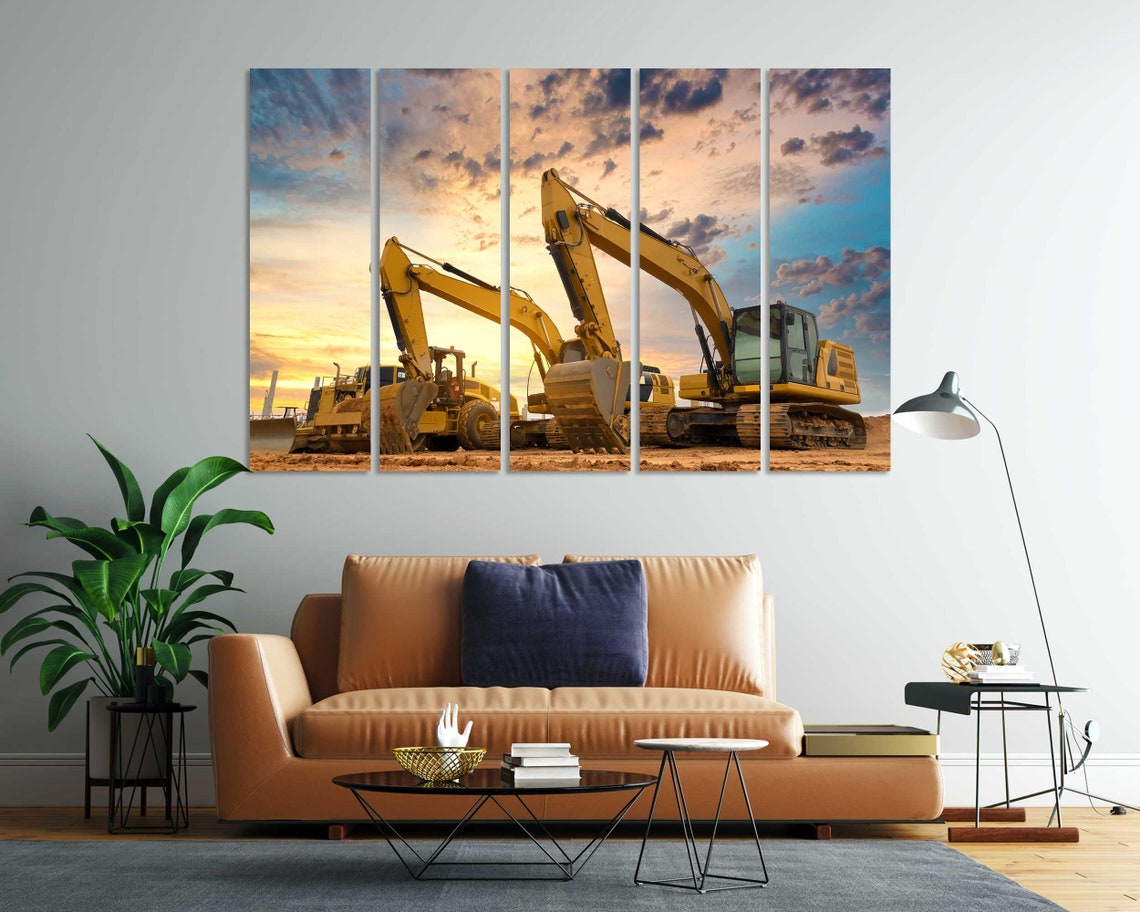 Excavators at Construction Site Office Wall Decor, Business Artwork for ...