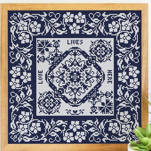 Blue Sampler Cross Stitch Pattern PDF Floral Cross Stitch - Etsy