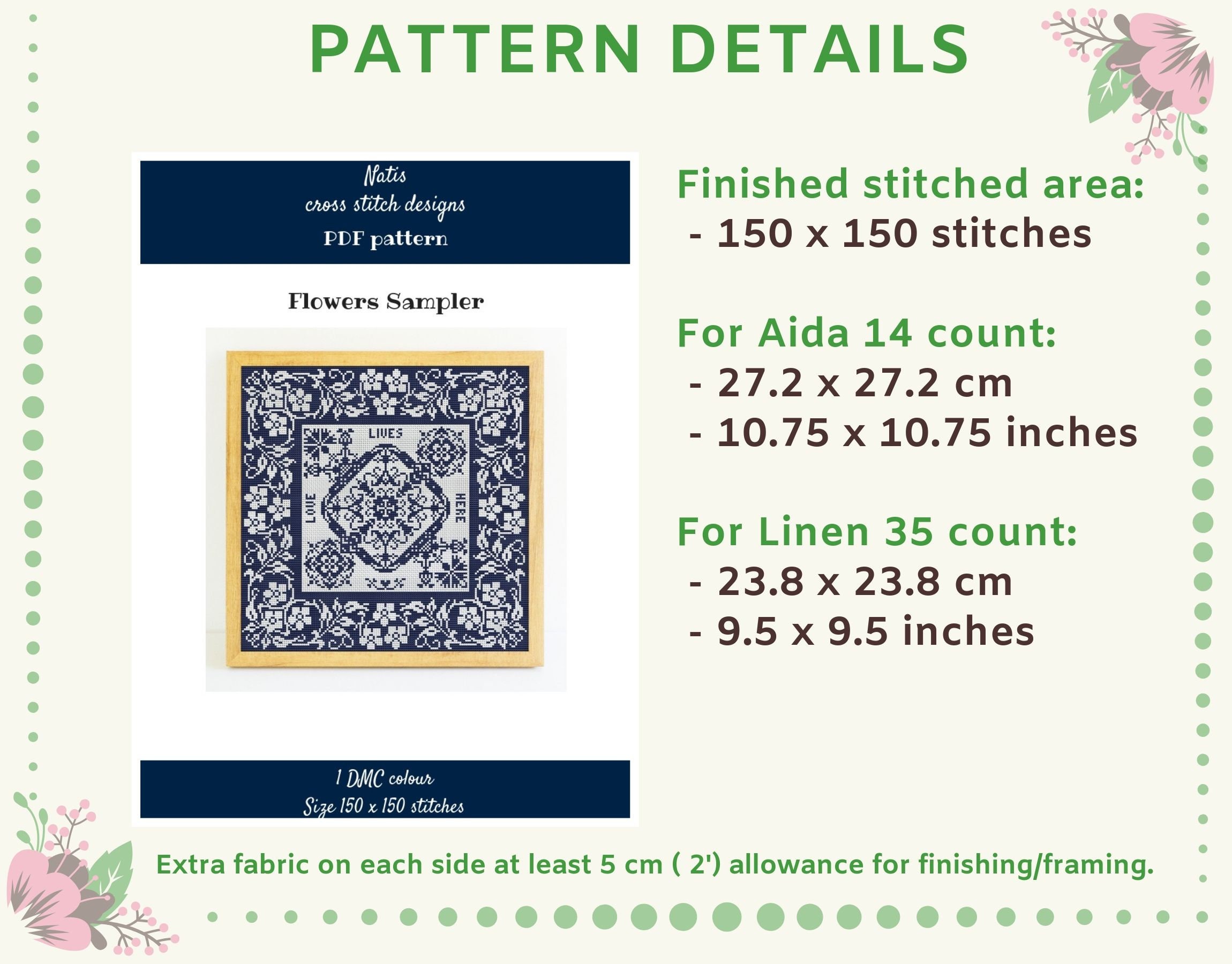Blue Sampler Cross Stitch Pattern PDF Floral Cross Stitch - Etsy