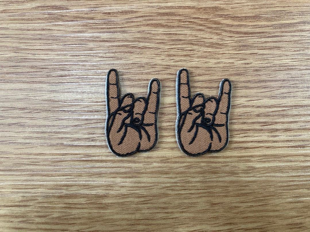A Pair of Mini Horns Hands Symbol Iron on Patch, Brown With Black Trim ...