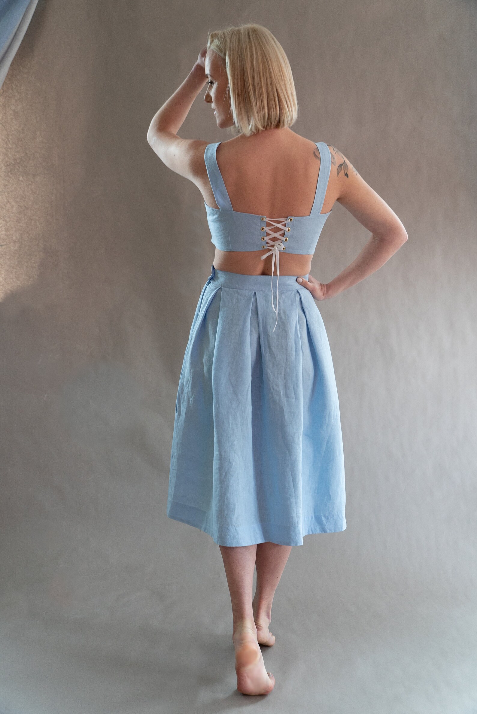 100% linen two-piece set Sky blue linen crop top with high | Etsy