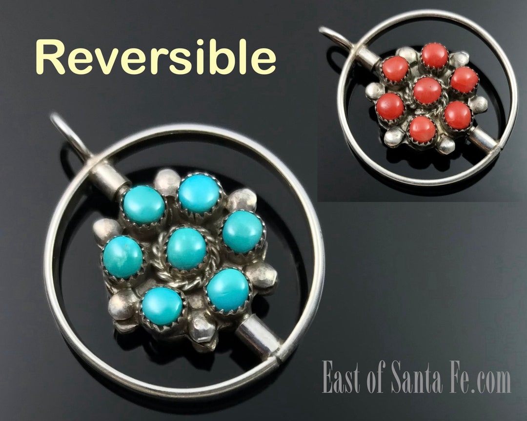 Reversible Turquoise & Red Coral Spinner Pendant Native American Zuni ...