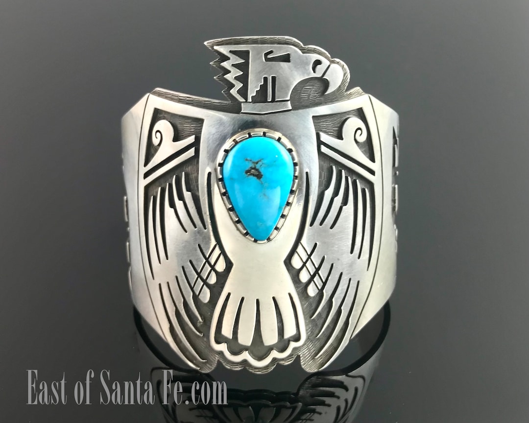 Hopi Overlay Thunderbird or Eagle Sterling Silver & Turquoise Cuff ...