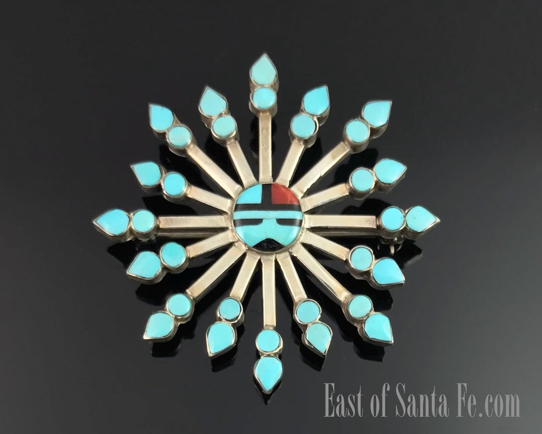 Vintage Zuni Turquoise Petit Point Sun Face Pin Pendant Necklace Native ...