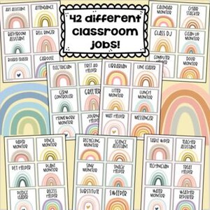 Classroom Jobs Helpers Chart Labels Signs Boho Muted Rainbow Theme ...