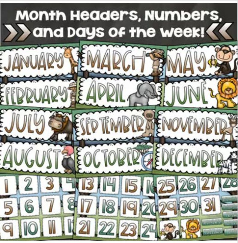 Calendar Set Classroom Decor Back to School Jungle Safari Theme INSTANT ...