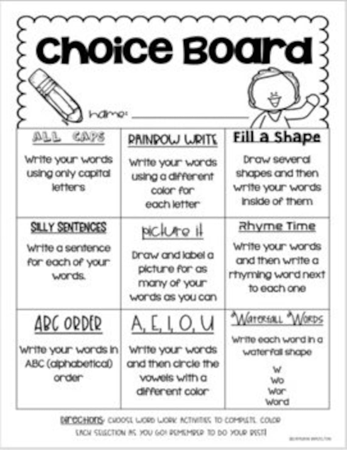 Word Work Spelling Sight Words Choice Board Activities Menu Tic Tac Toe ...