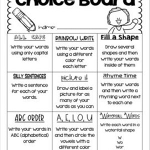 Word Work Spelling Sight Words Choice Board Activities Menu Tic Tac Toe ...