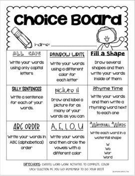 Word Work Spelling Sight Words Choice Board Activities Menu Tic Tac Toe ...