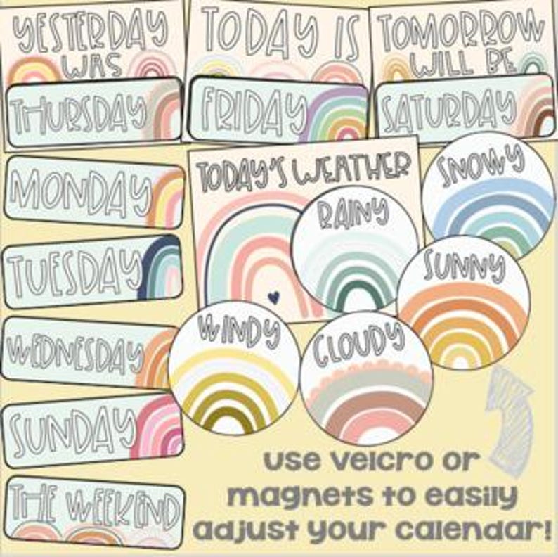 Calendar Set Classroom Decor Back to School Boho Modern Muted Rainbow ...
