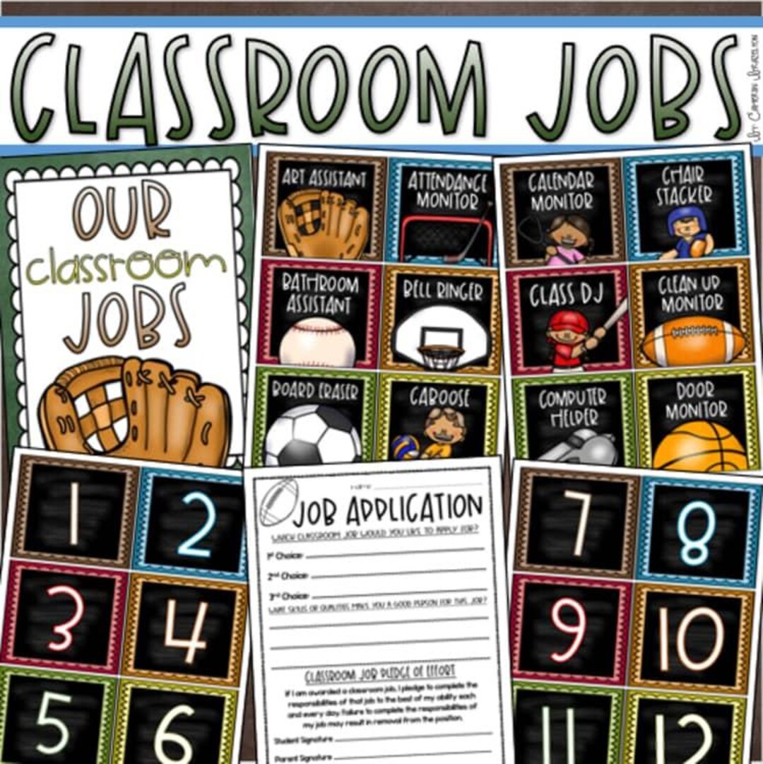Classroom Jobs Helpers Chart Labels Signs Sports Teamwork Theme ...