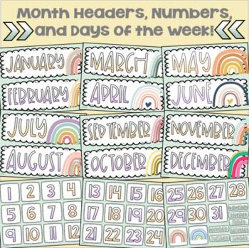 Calendar Set Classroom Decor Back to School Boho Modern Muted Rainbow ...