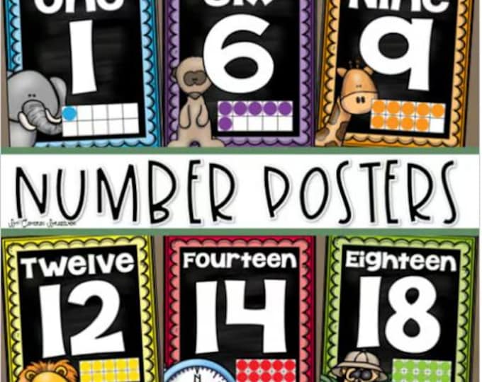 JUNGLE NUMBER POSTERS, Printable Safari Theme Numbers 1-20 With Tens ...